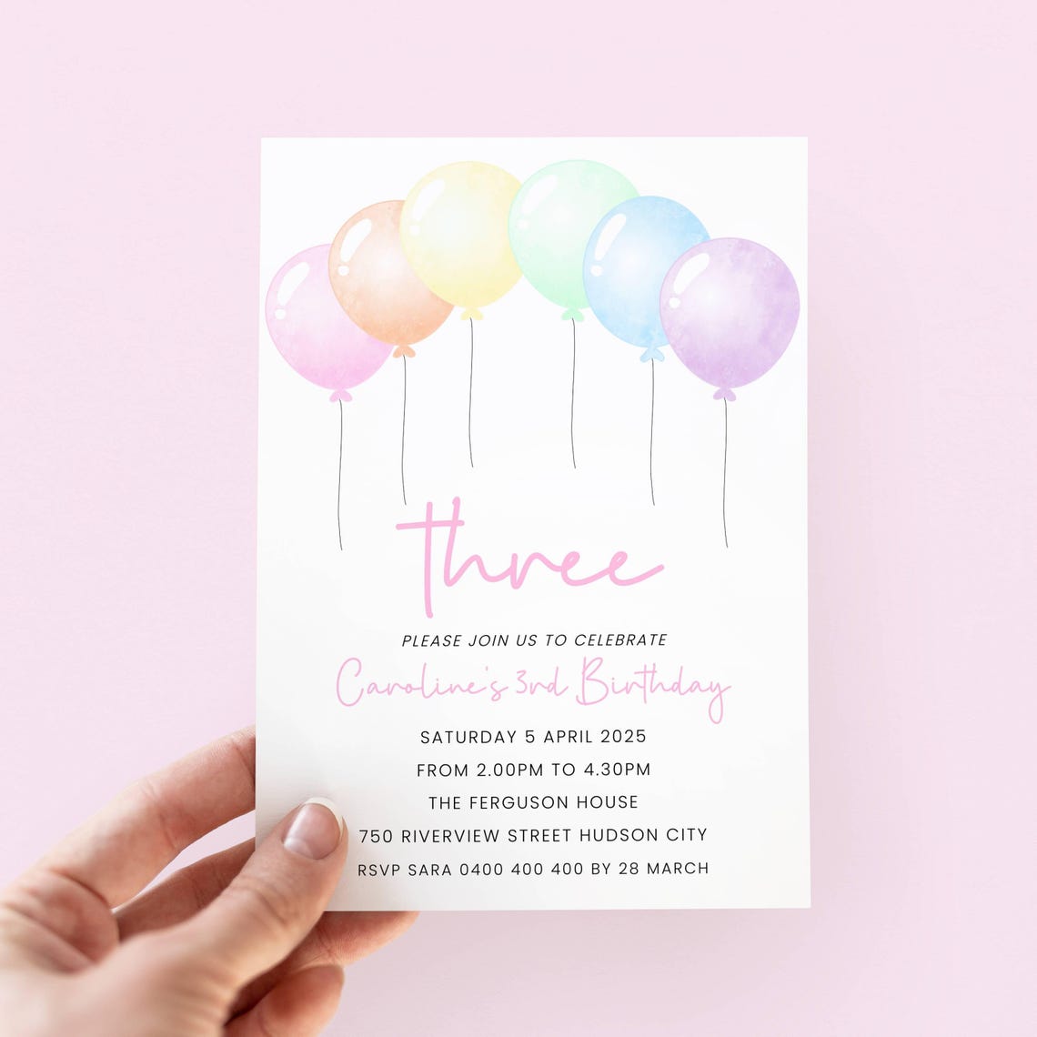 Pastel 3rd Birthday Invitation, Editable Rainbow 3rd Birthday Invite ...
