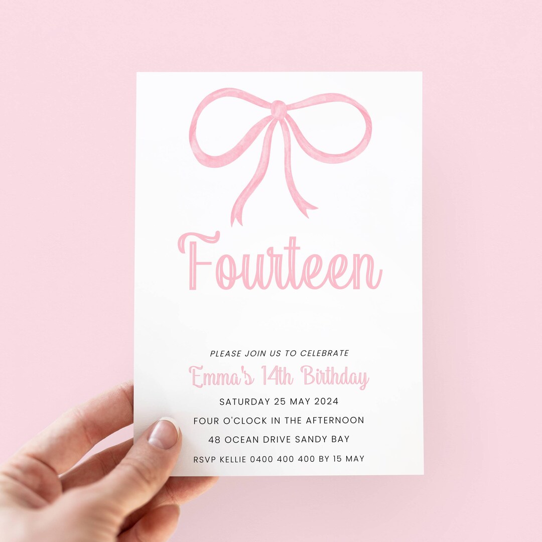 Pink Bow 14th Birthday Invitation, Editable Pink Birthday Invite Girl ...