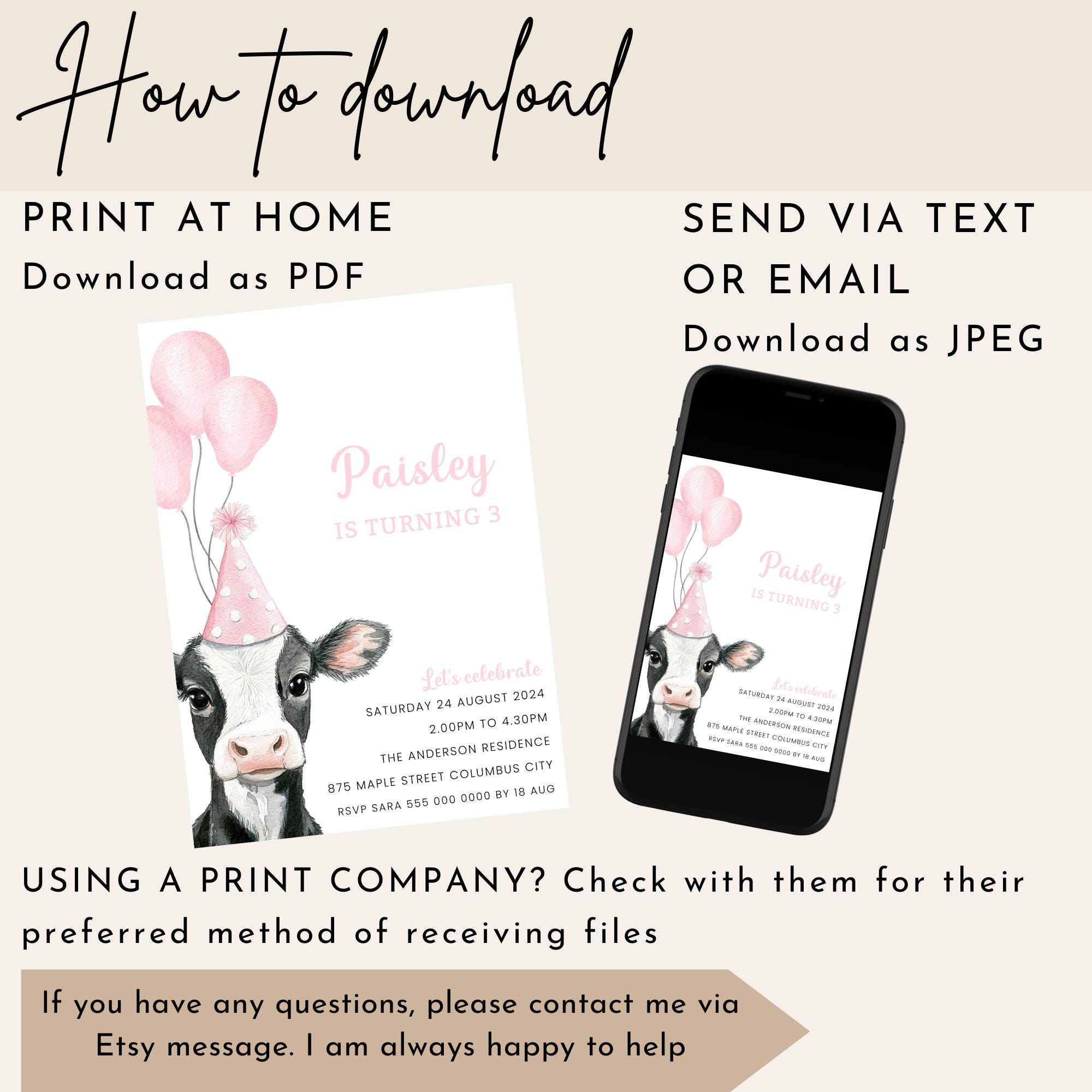 Cow Birthday Invitation Pink Cow Birthday Invite Digital, Cute Cow ...