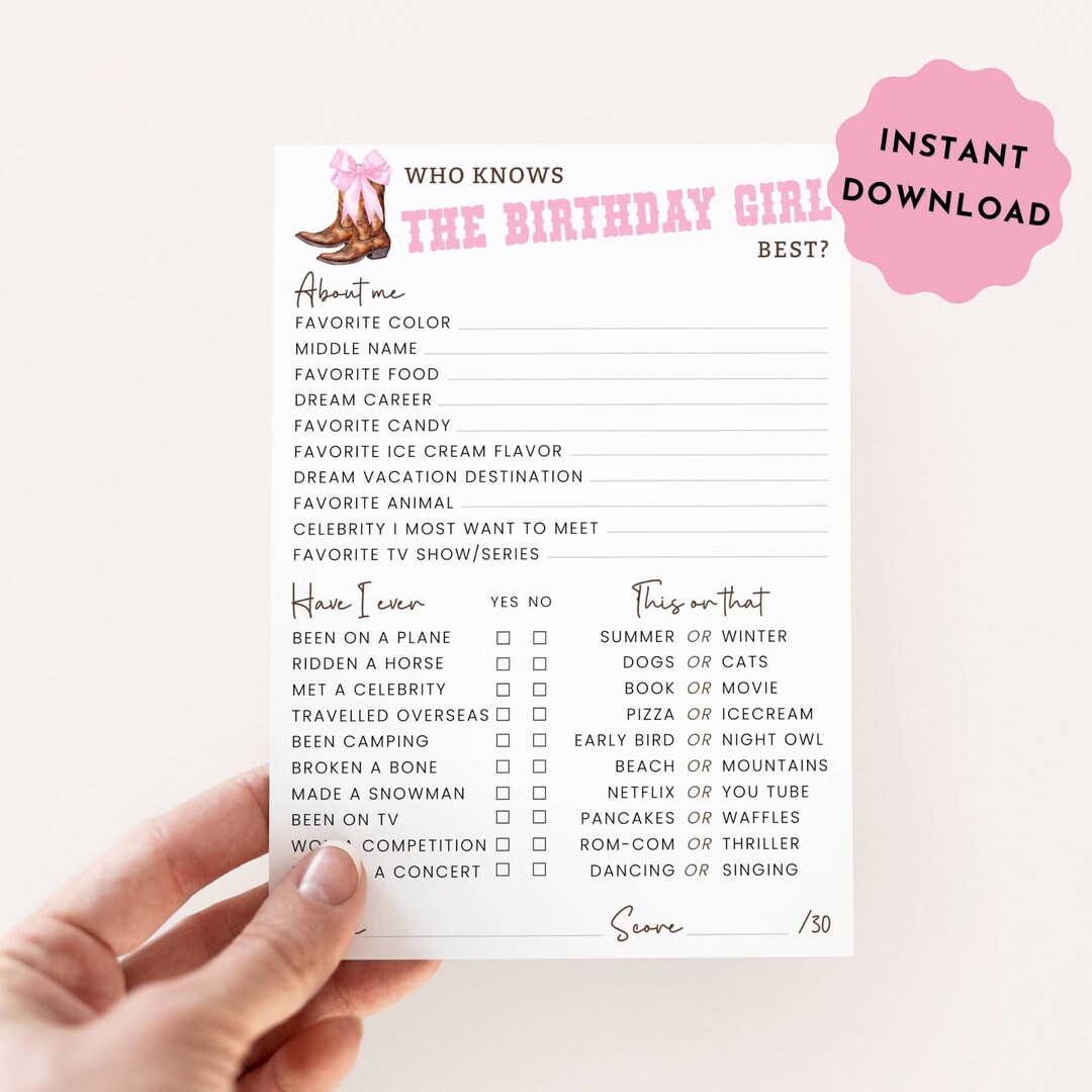Who Knows the Birthday Girl Best Game, Cowgirl Birthday Games, Instant ...