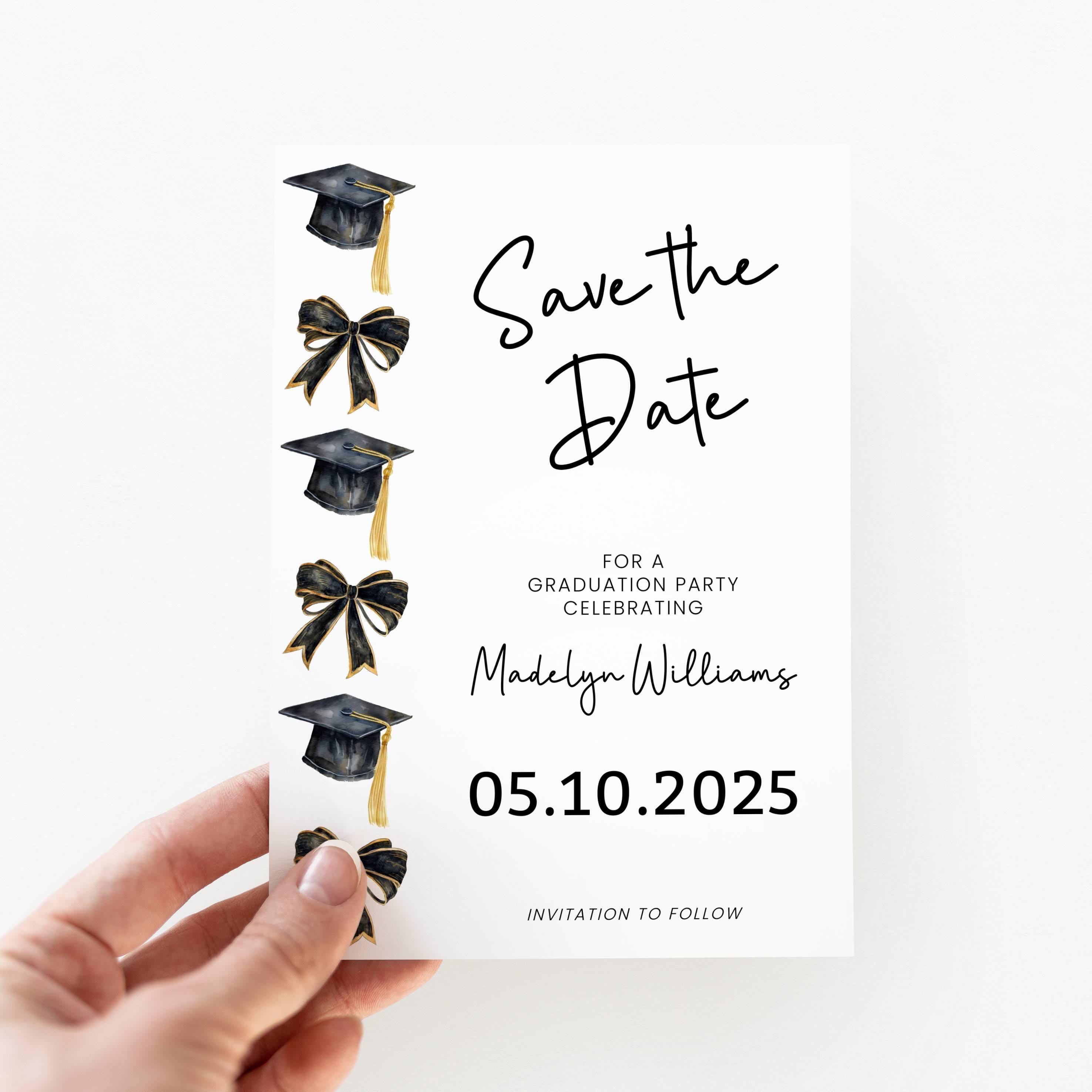 Save the Date Graduation Invitation Black Bow, Editable Graduation Save ...