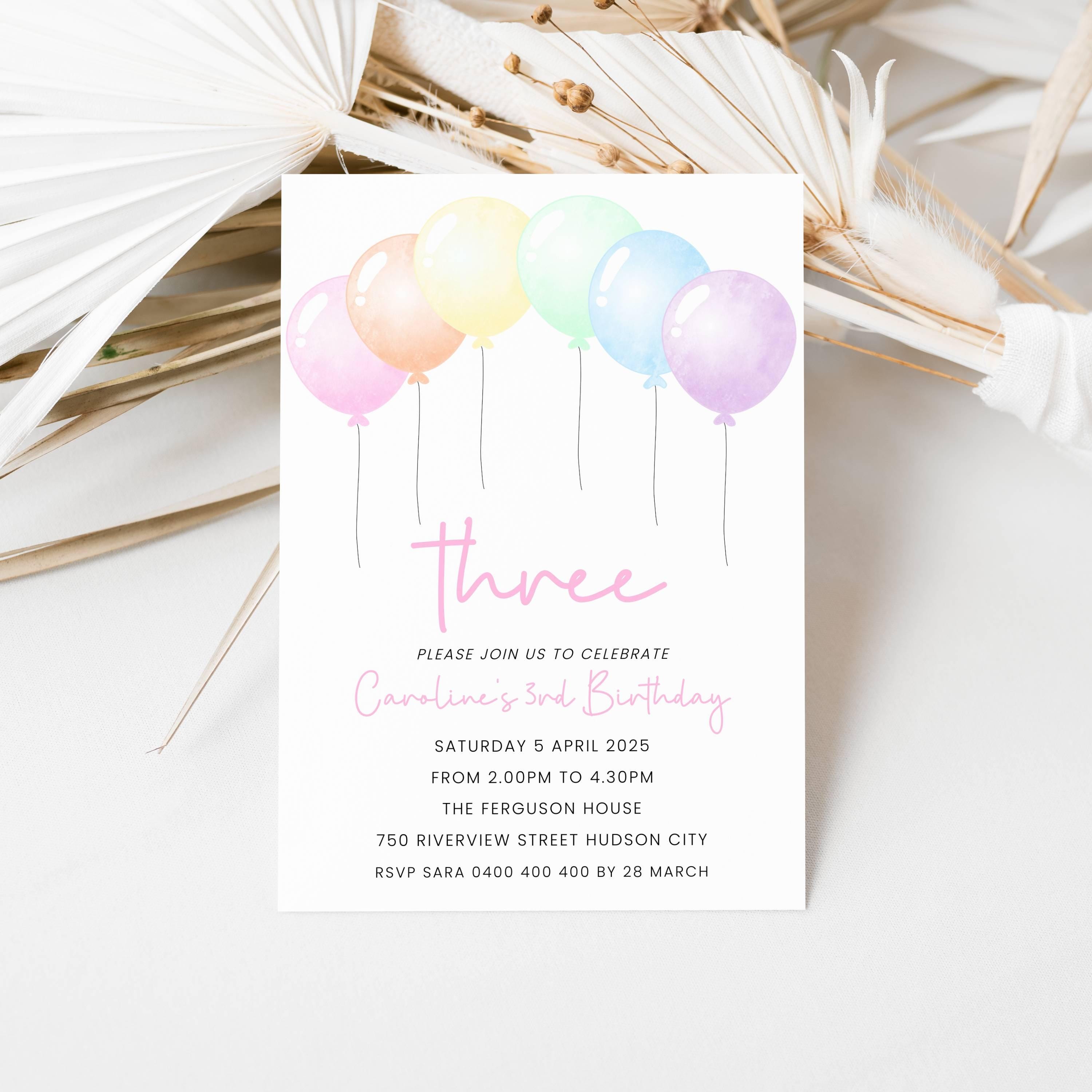 Pastel 3rd Birthday Invitation, Editable Rainbow 3rd Birthday Invite ...