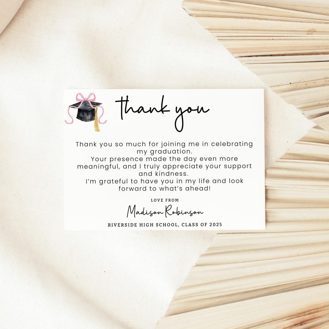 Graduation Thank You Card Pink Bow, Editable Graduation Party Thank You ...