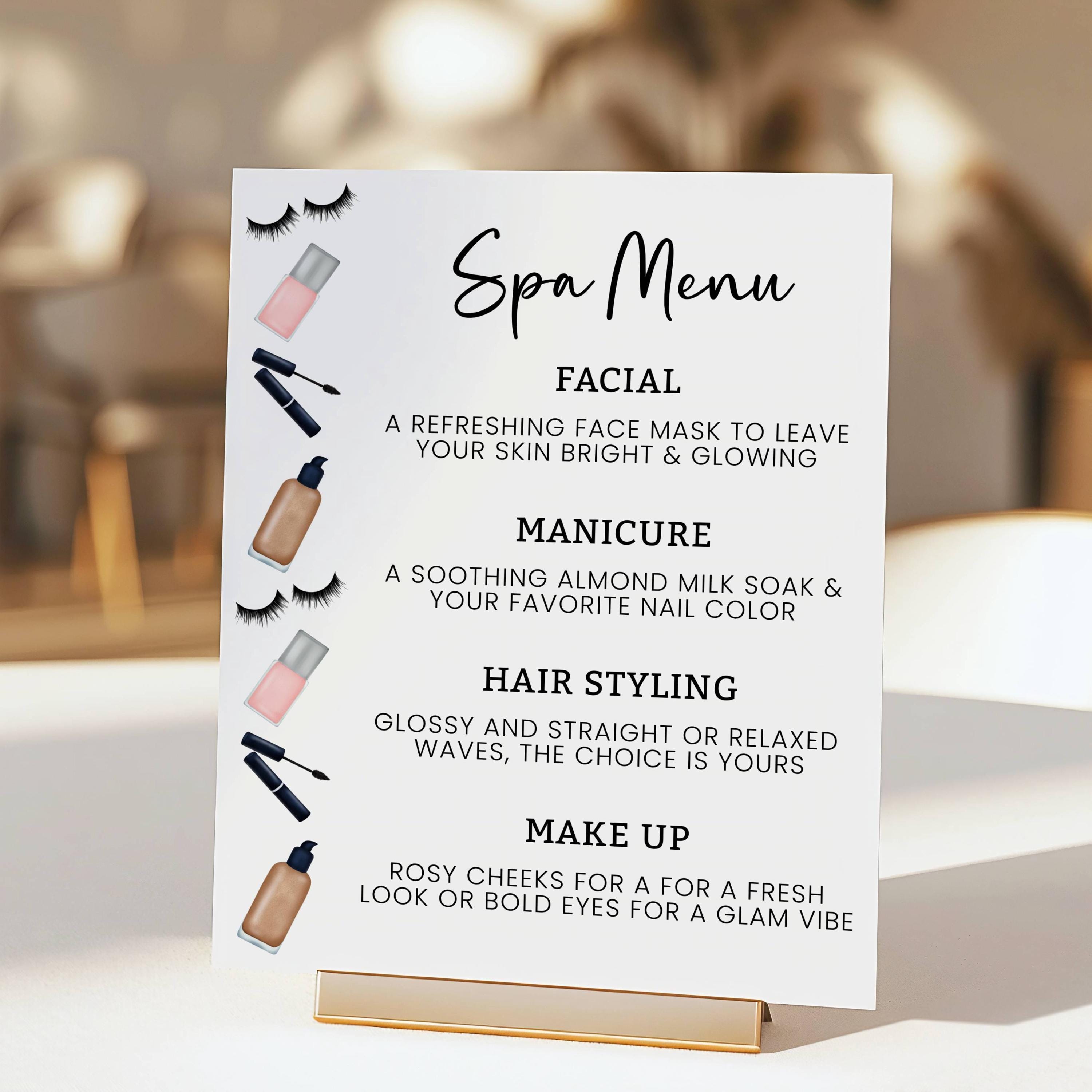 Spa Party Menu, Editable Spa Birthday Party Sign, Spa Party Printable ...