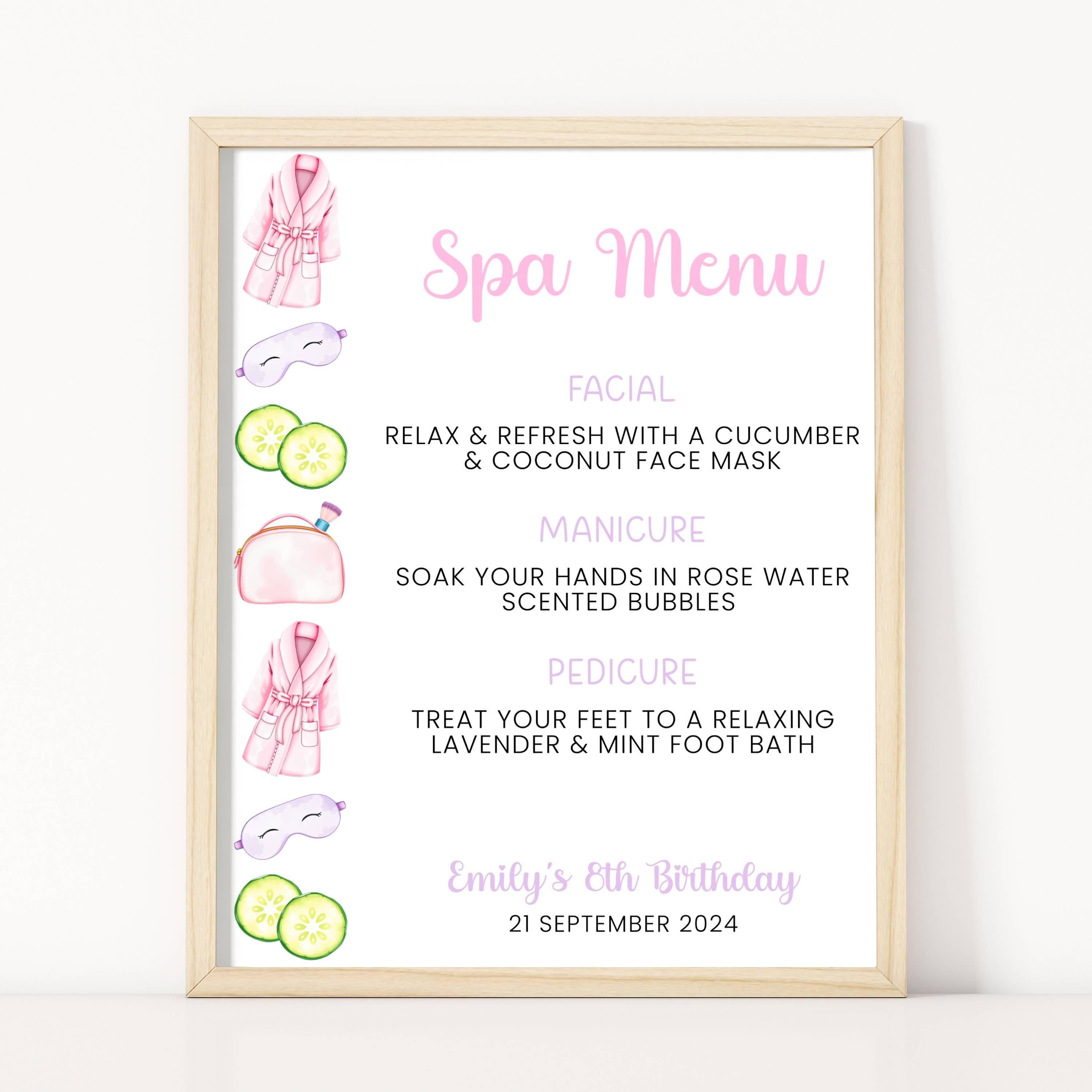 Spa Party Menu, Editable Spa Menu Sign for Girls, Pink Spa Menu, Spa ...