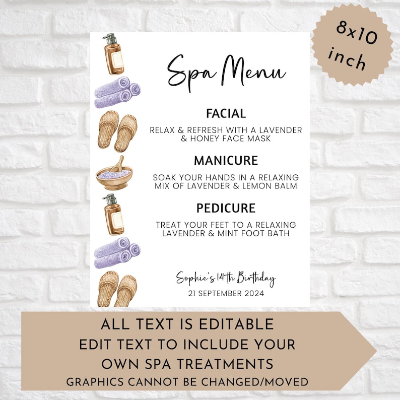Spa Party Menu, Editable Spa Menu Sign for Girl, Digital Spa Menu ...
