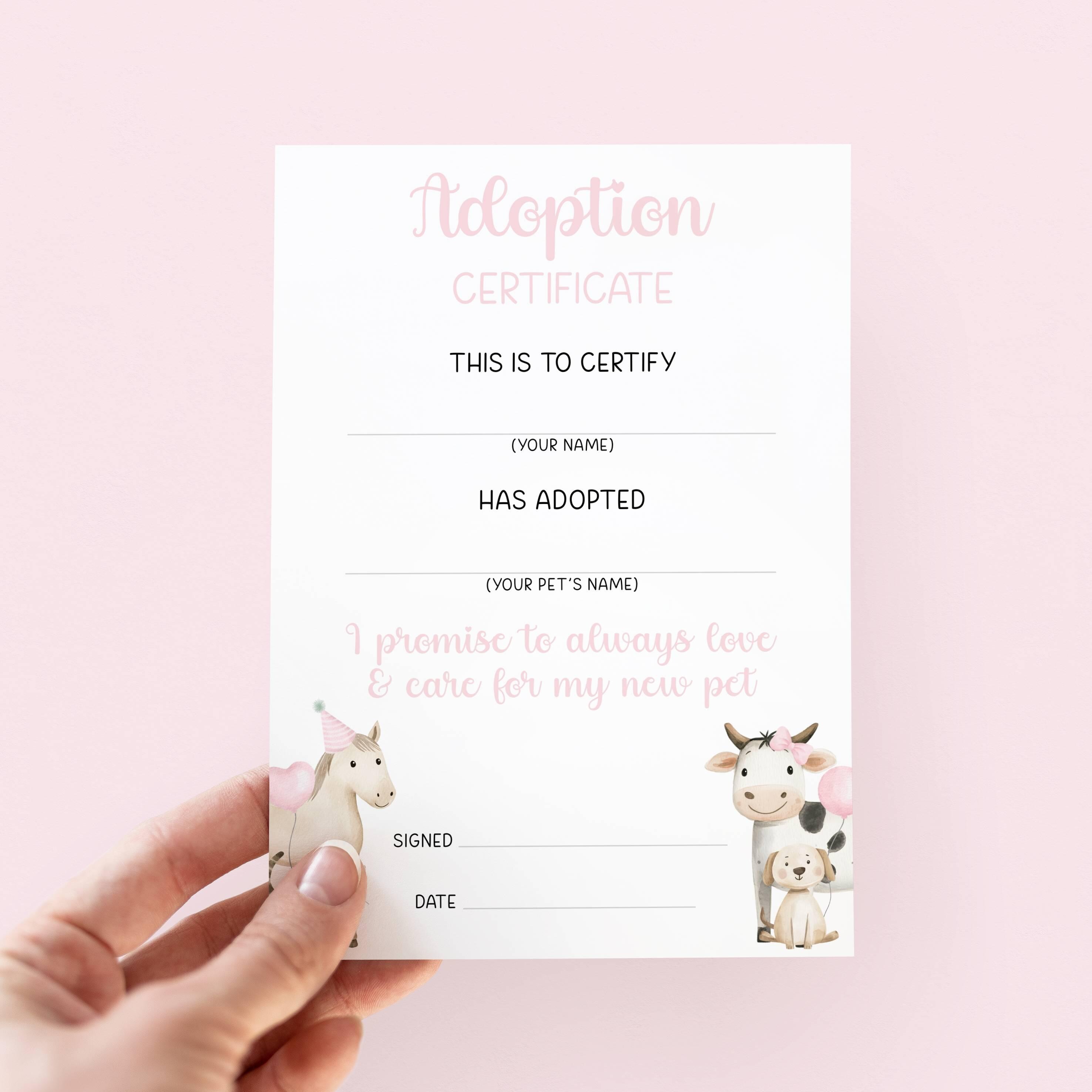 Farm Animal Adoption Certificate, Instant Download Animal Adoption Card ...