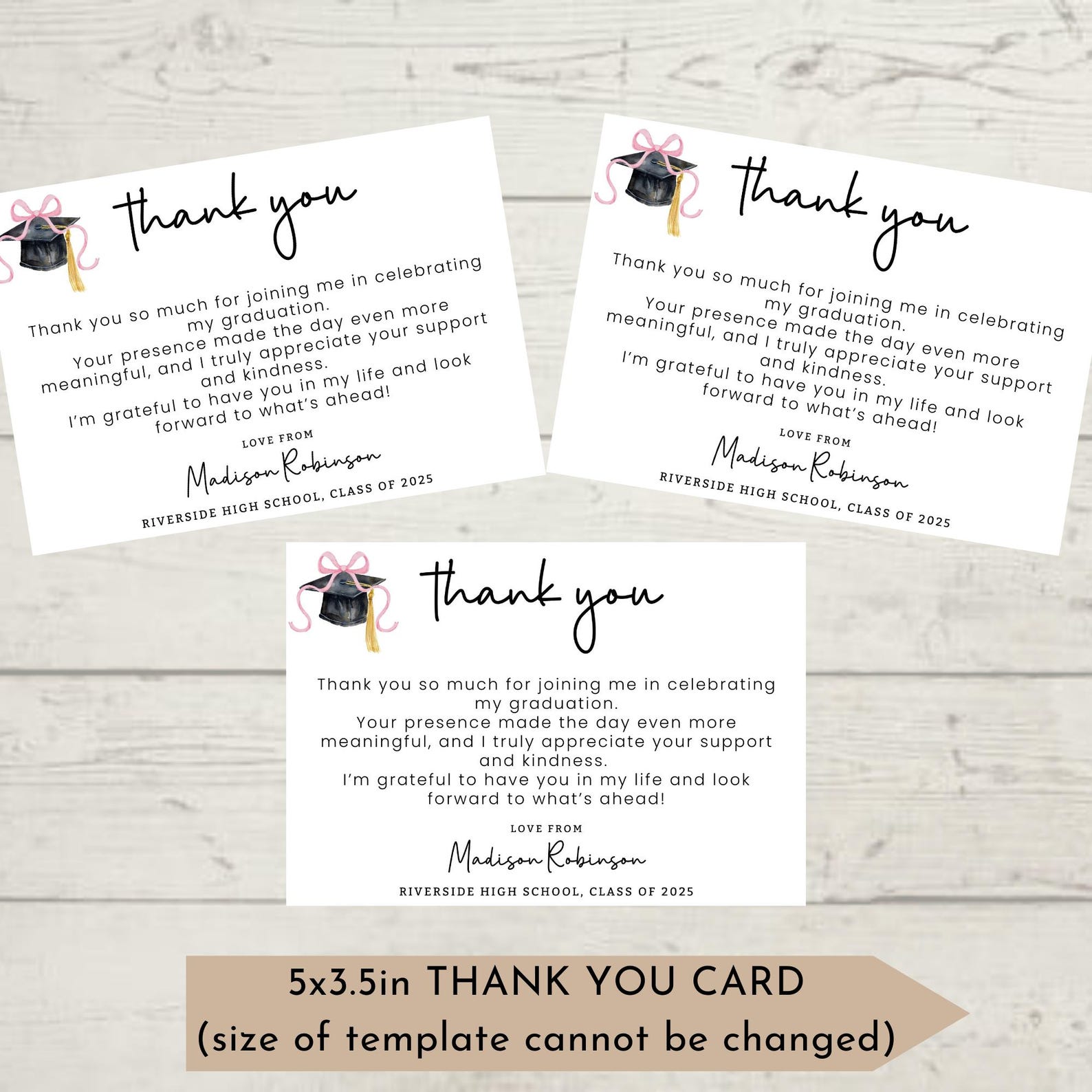 Graduation Thank You Card Pink Bow, Editable Graduation Party Thank You ...