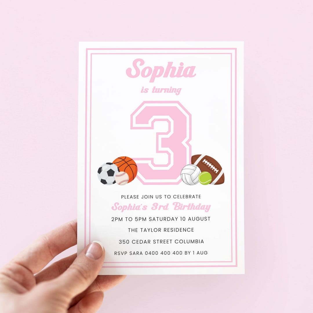 3rd Birthday Invitation Sports Theme Pink Sports Birthday Invite Girl ...