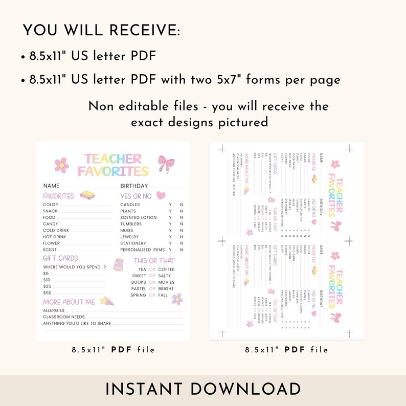 Teacher Favorite Things Form Pastel, All About My Teacher Printable ...