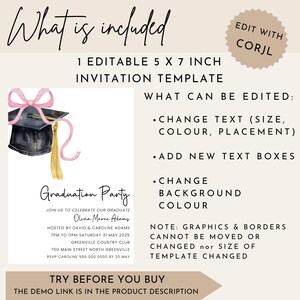 Graduation Party Invitation Pink Bow, Editable Graduation Invite ...