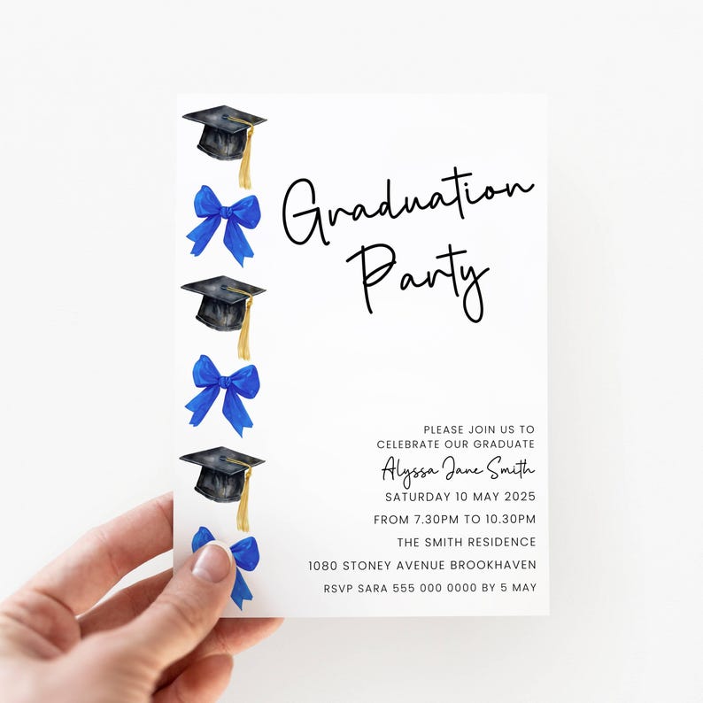 Graduation Invitation Blue Bow, Editable Graduation Invite Template ...