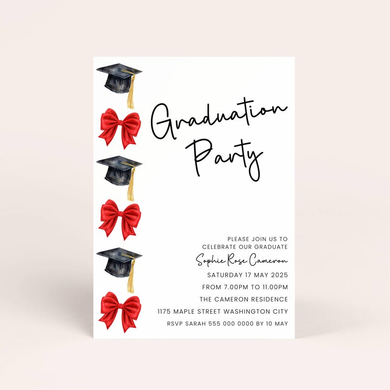 Graduation Invitation Red Bow, Editable Graduation Invite Template, Red ...