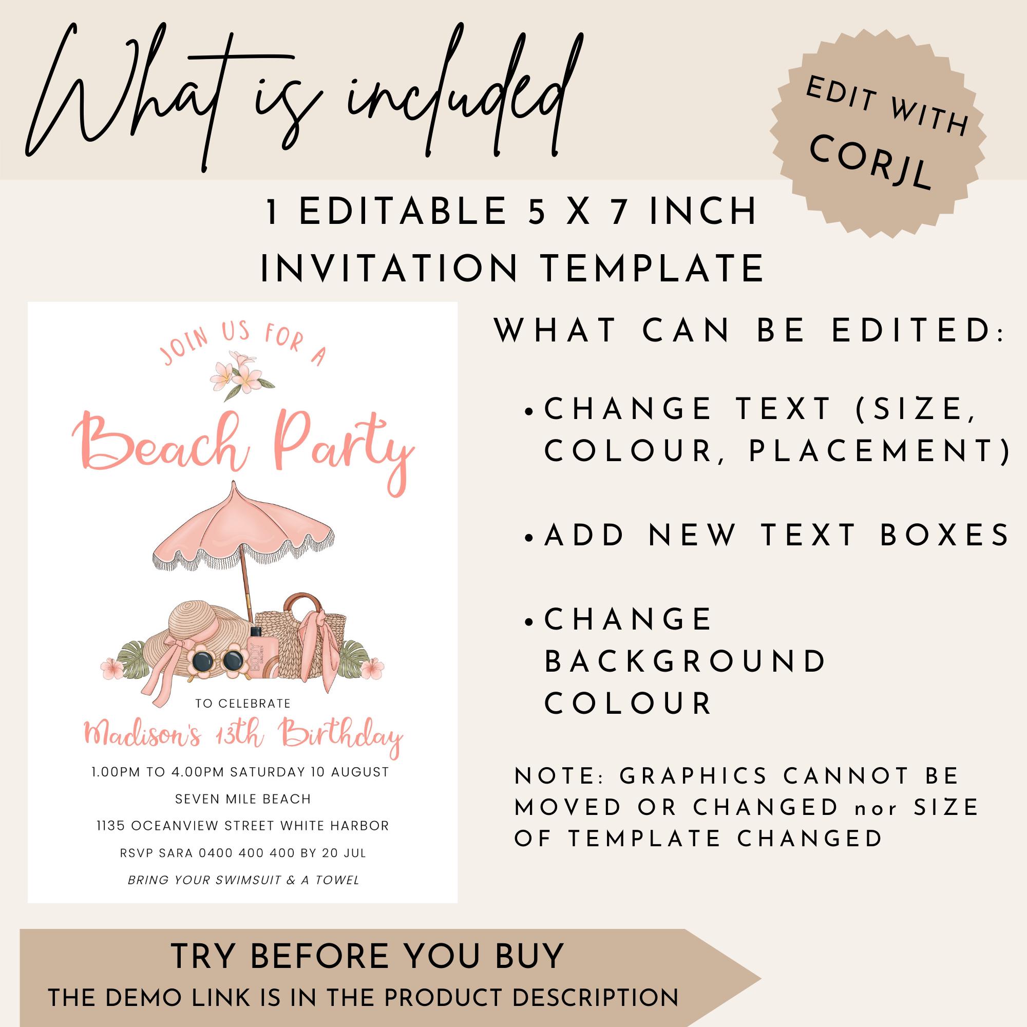 Beach Birthday Invitation, Editable Beach Party Invite Girl, Digital ...