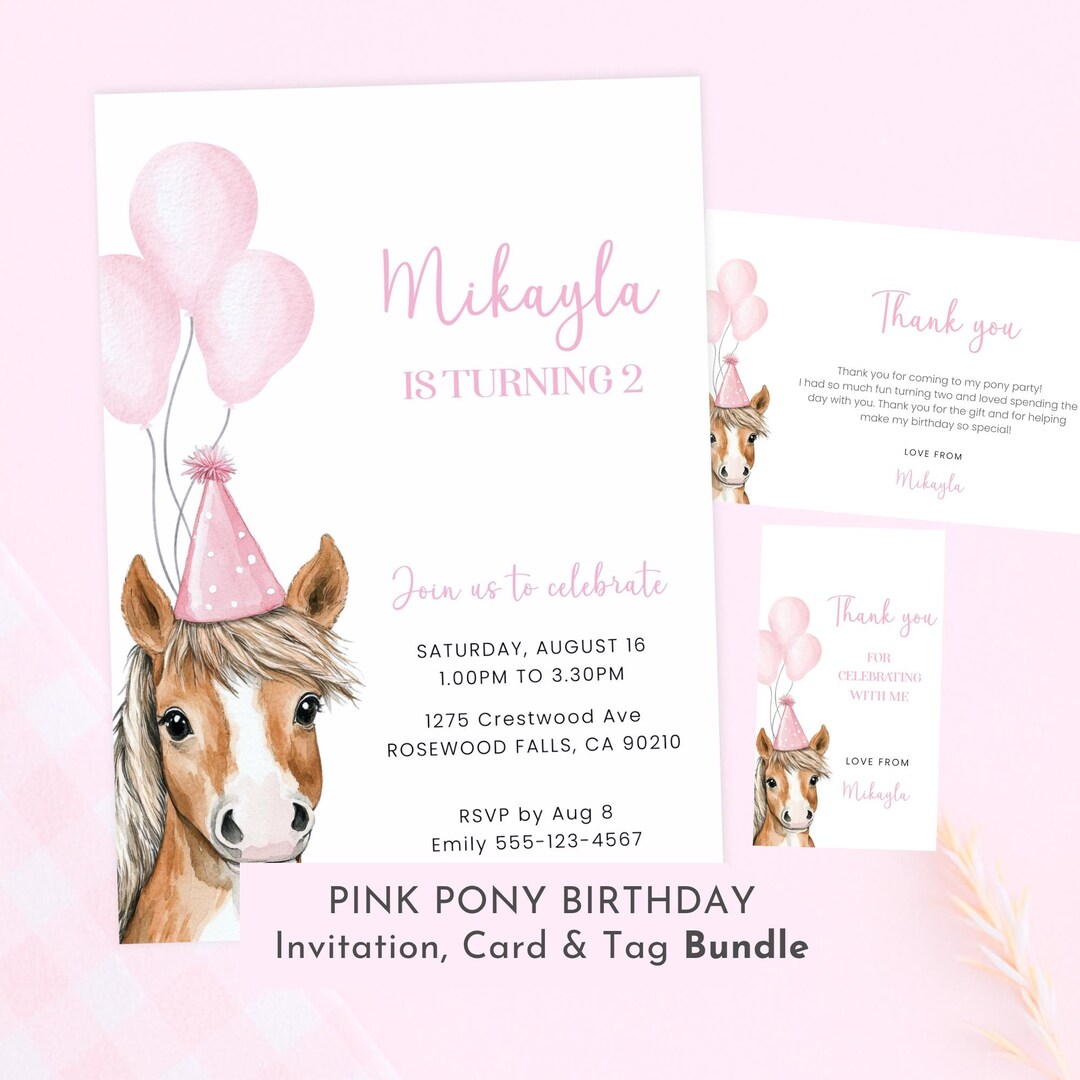 Pink Pony Birthday Invitation Bundle, Editable Girl Horse Birthday ...
