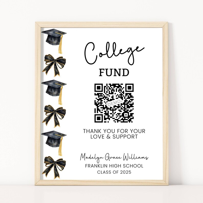 College Fund Sign, Editable QR Code Sign for Graduation Party ...