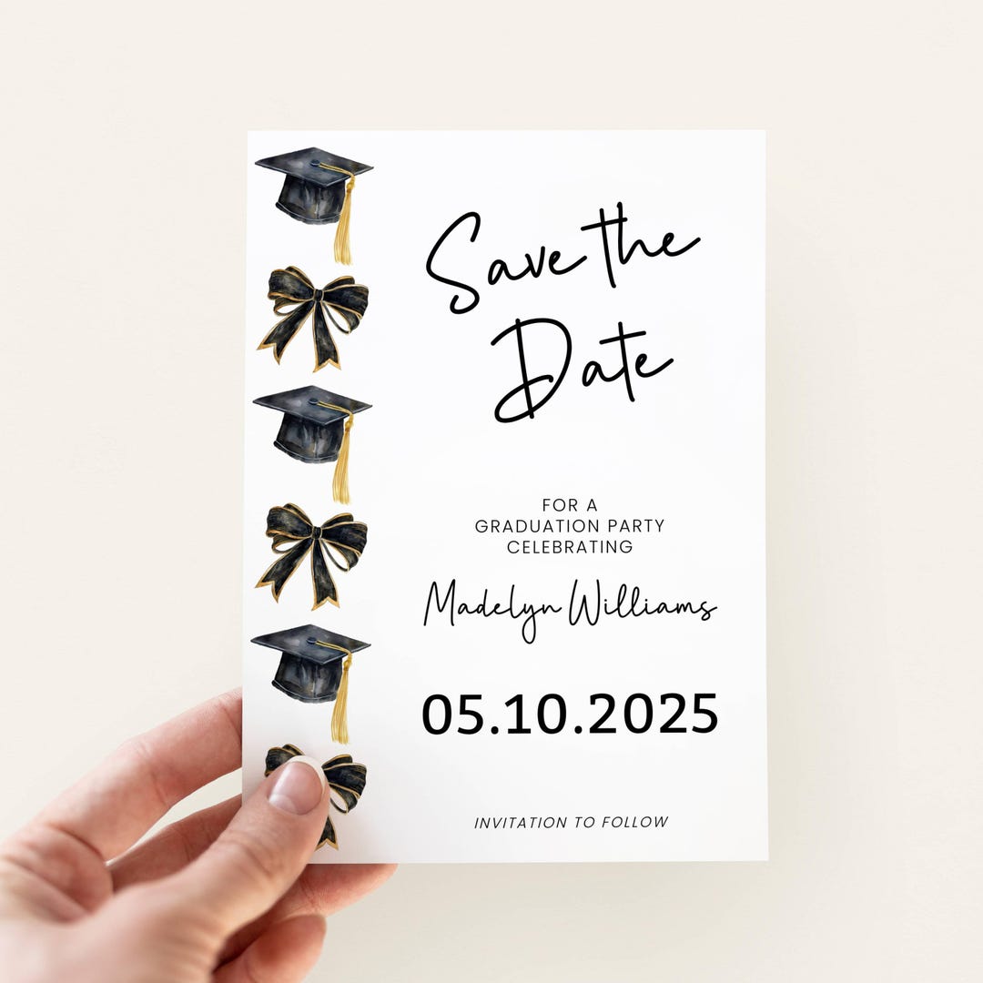 Save the Date Graduation Invitation Black Bow, Editable Graduation Save ...