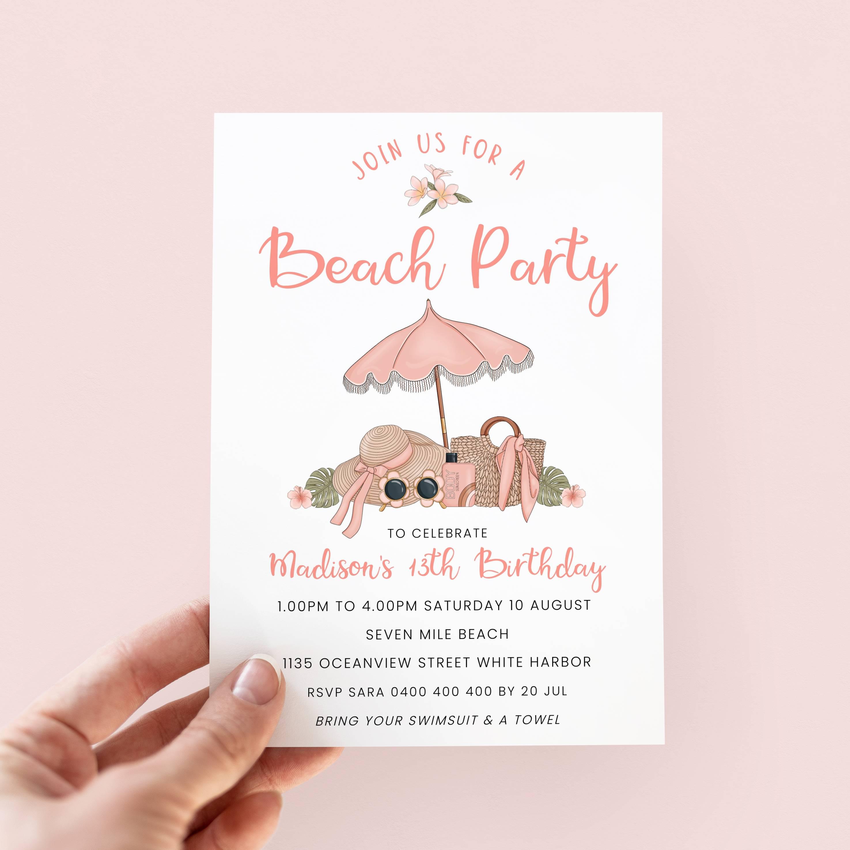 Beach Birthday Invitation, Editable Beach Party Invite Girl, Digital ...