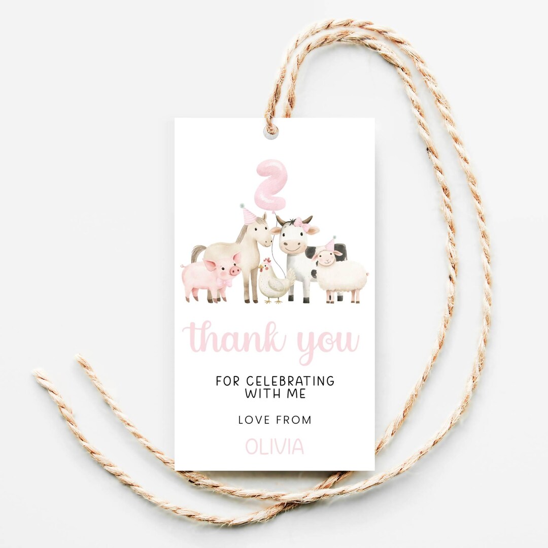 Pink Farm 2nd Birthday Favor Tag, Editable Girl Farm Gift Tag ...