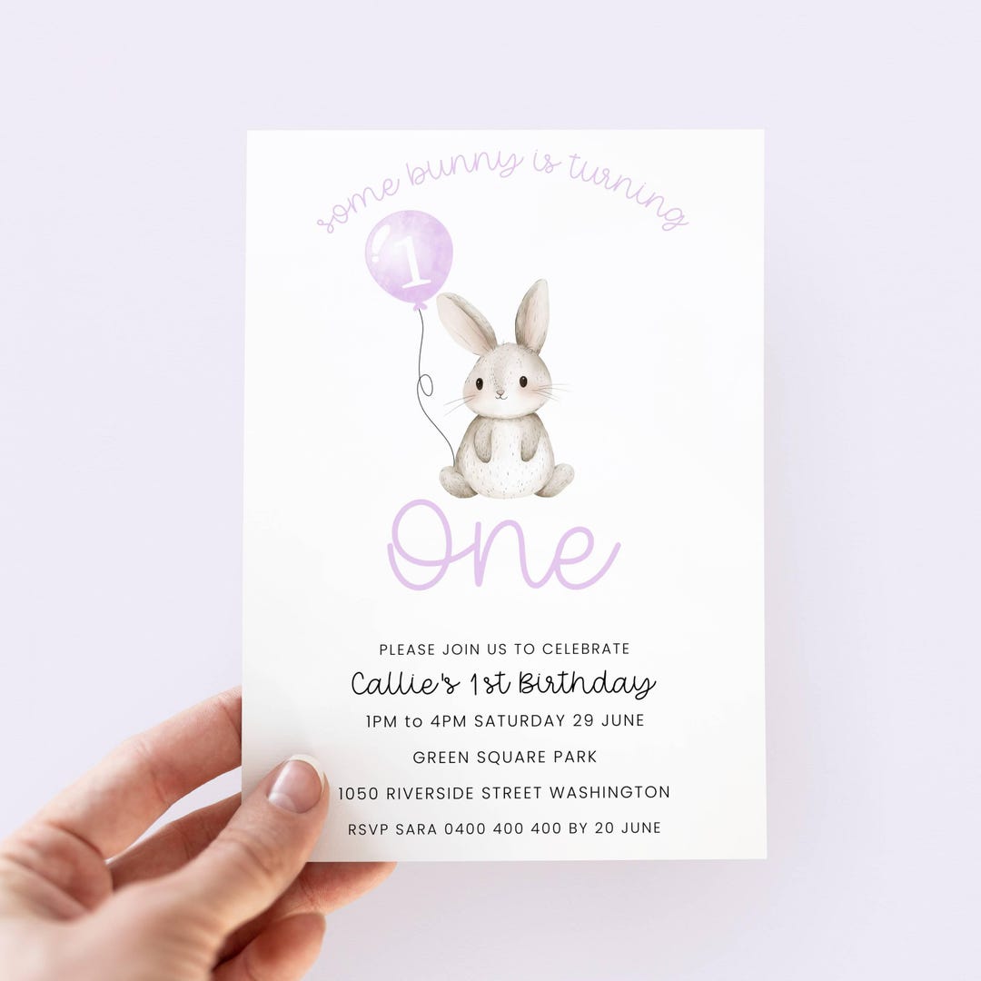 Some Bunny is Turning One Invitation Purple, Editable Bunny 1st ...