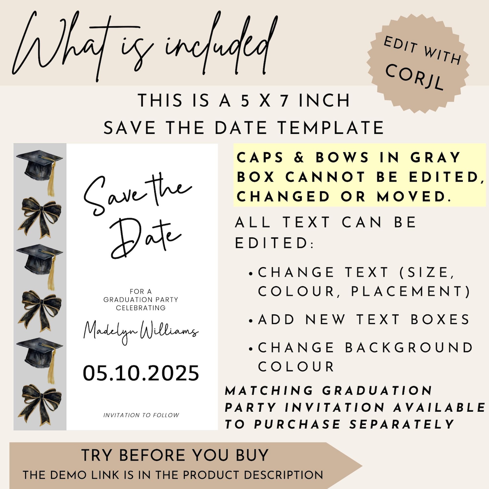 Save the Date Graduation Invitation Black Bow, Editable Graduation Save ...