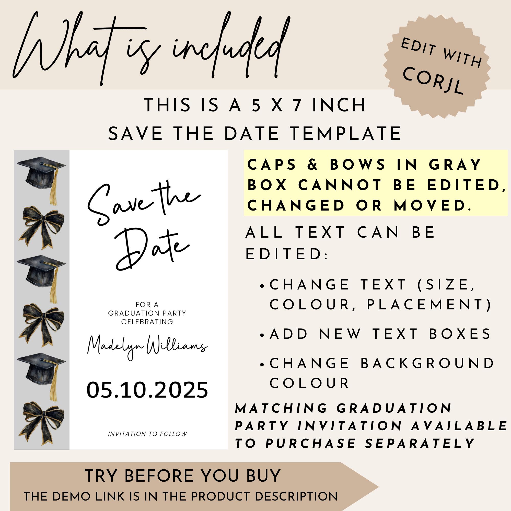 Save the Date Graduation Invitation Black Bow, Editable Graduation Save ...