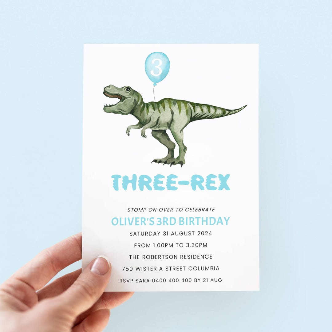 Three Rex Birthday Invitation Boy, Blue Dinosaur 3rd Birthday Invite ...