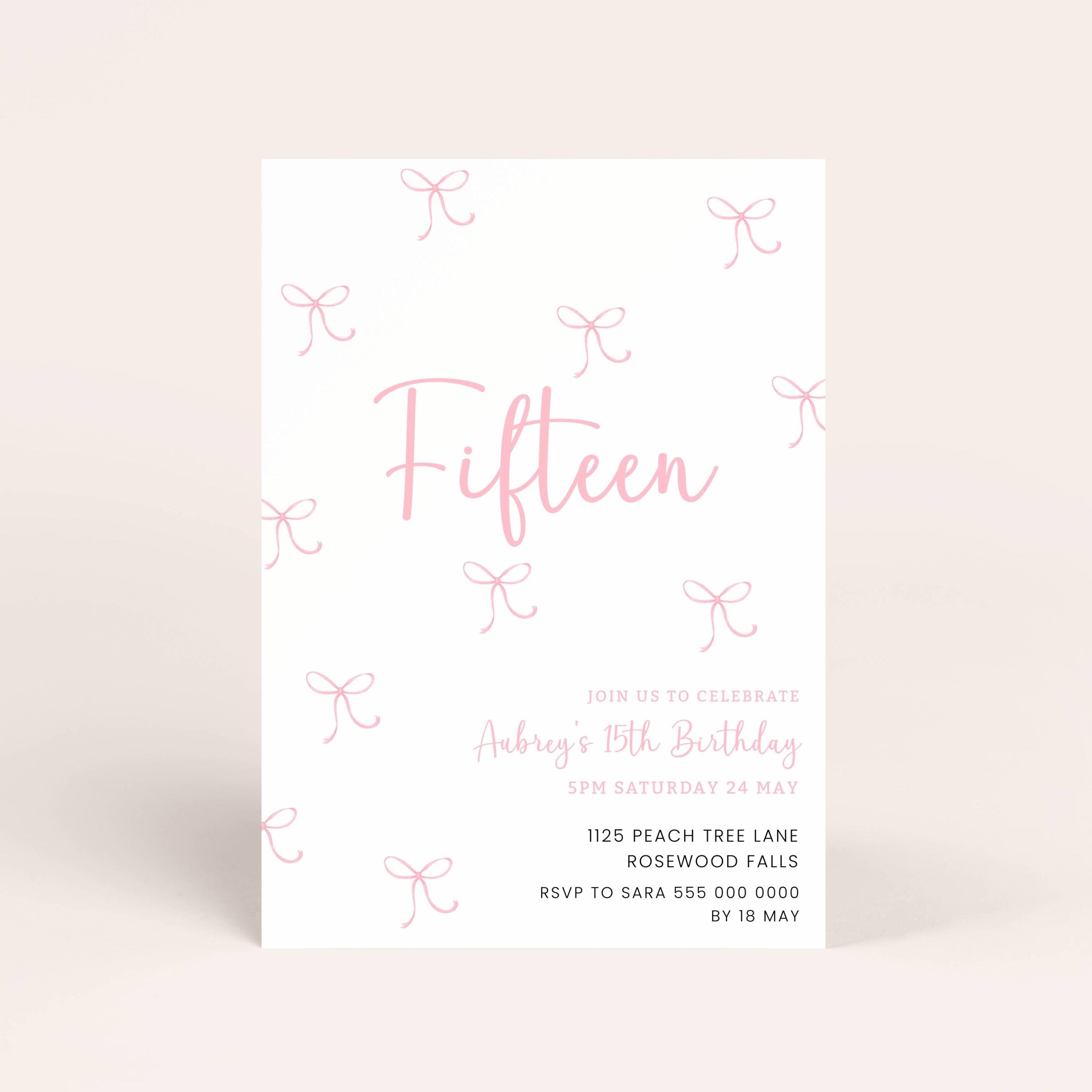 15th Birthday Invitation Pink Bow, Girl 15th Birthday Invite Editable ...