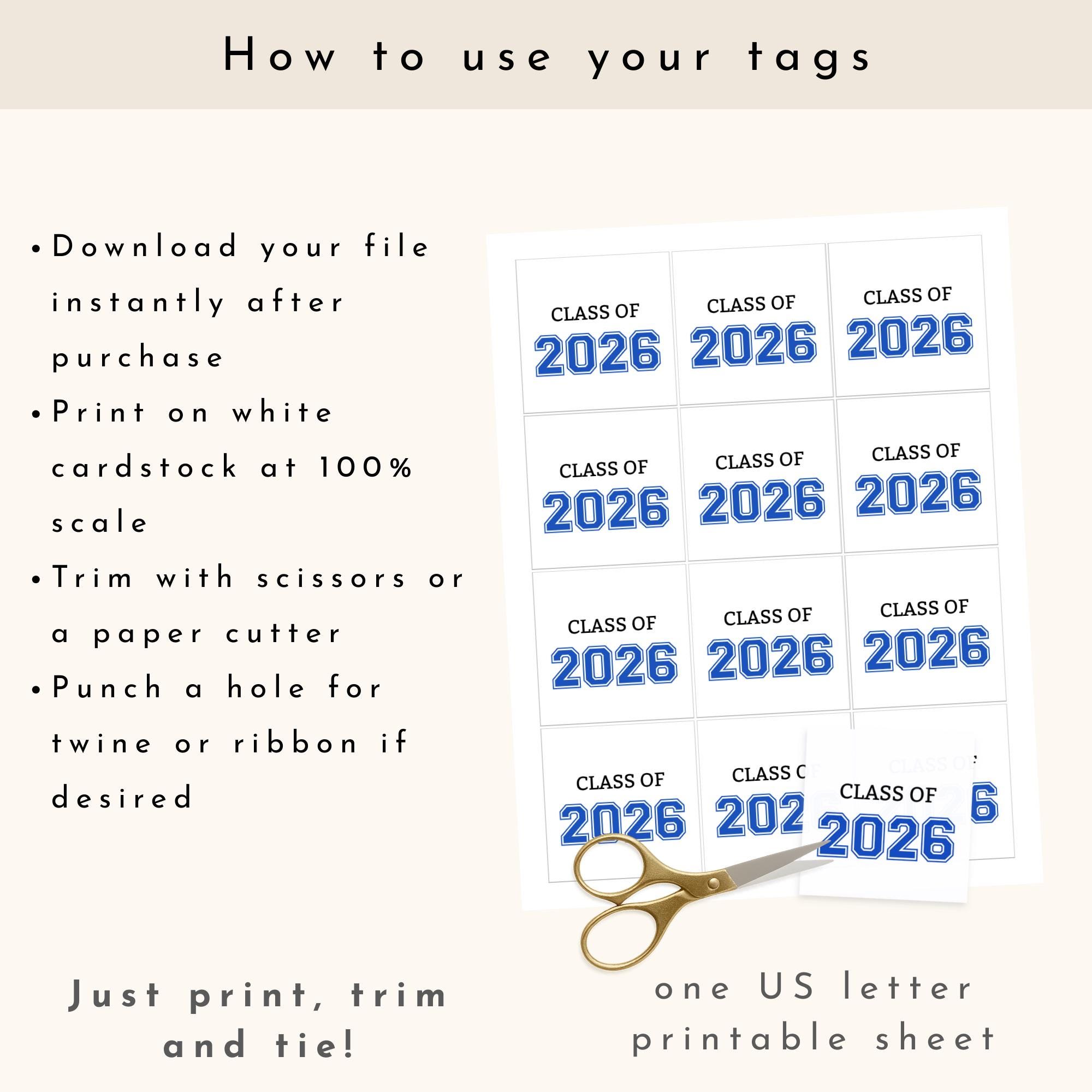 Royal Blue Class of 2026 Tag Printable, Minimal Graduation Gift Tags ...