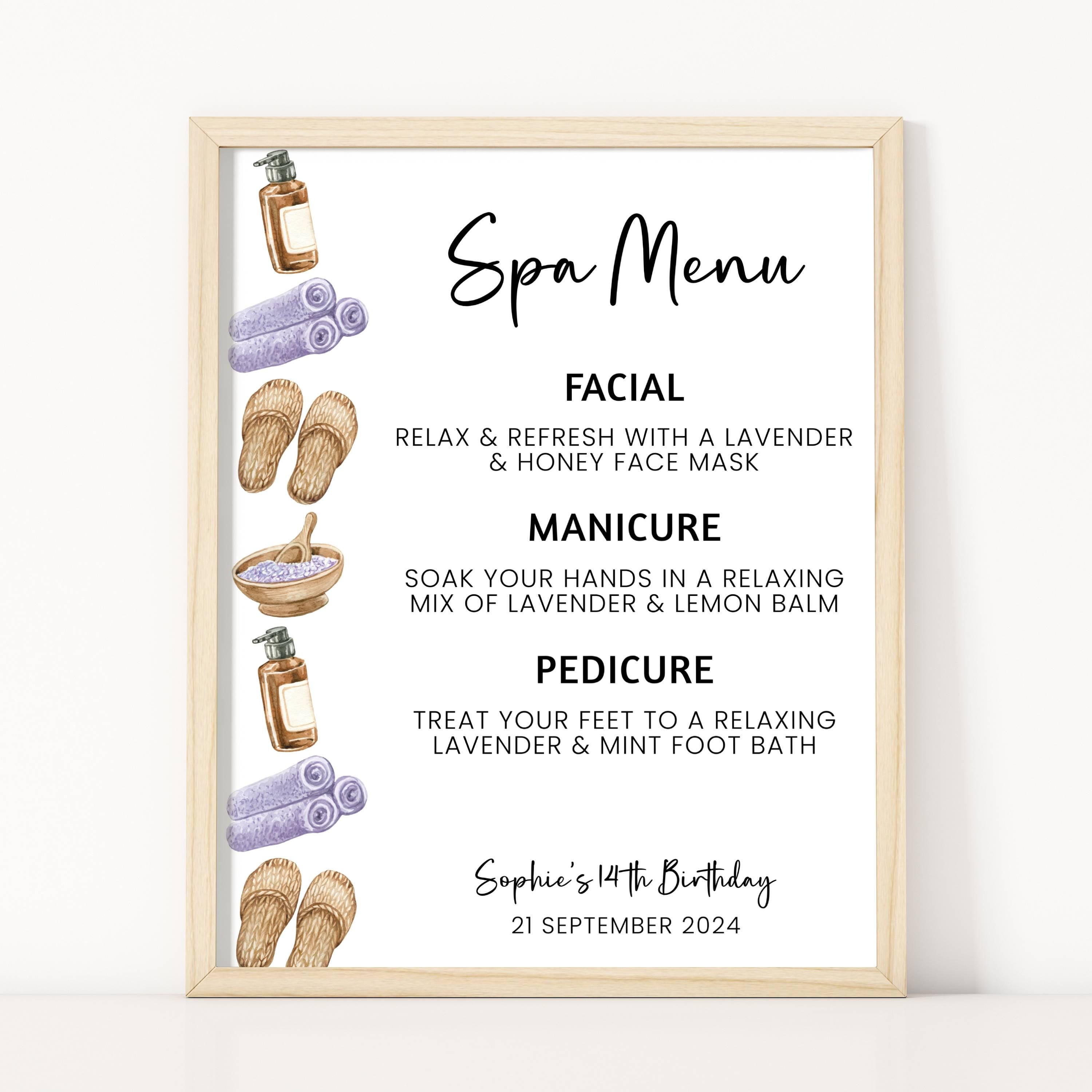 Spa Party Menu, Editable Spa Menu Sign for Girl, Digital Spa Menu ...