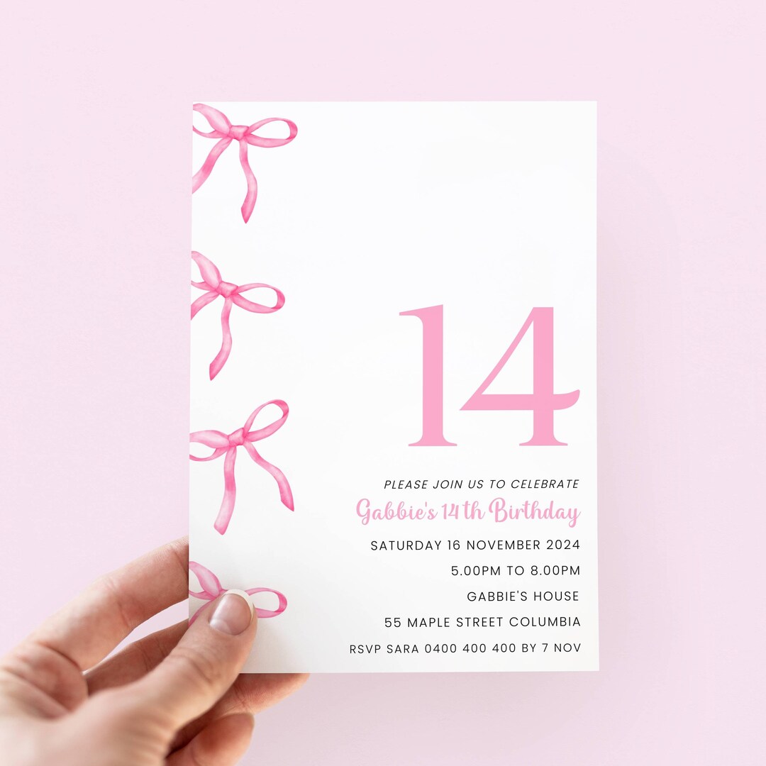 Pink Bow 14th Birthday Invitation, Editable Birthday Invite Girl ...
