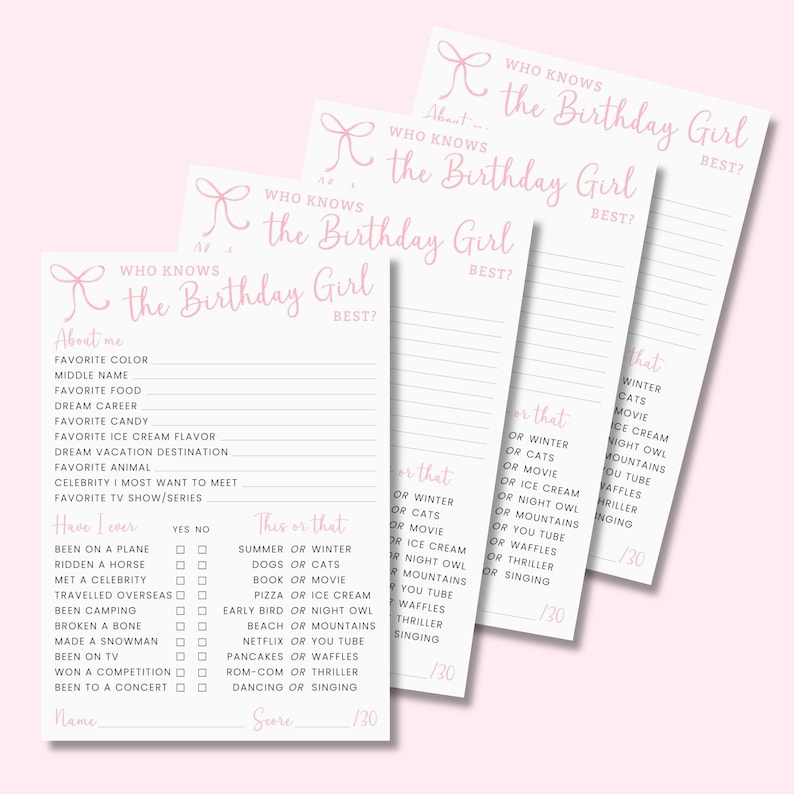 Who Knows the Birthday Girl Best Printable, Teen Girl Party Game Pink ...