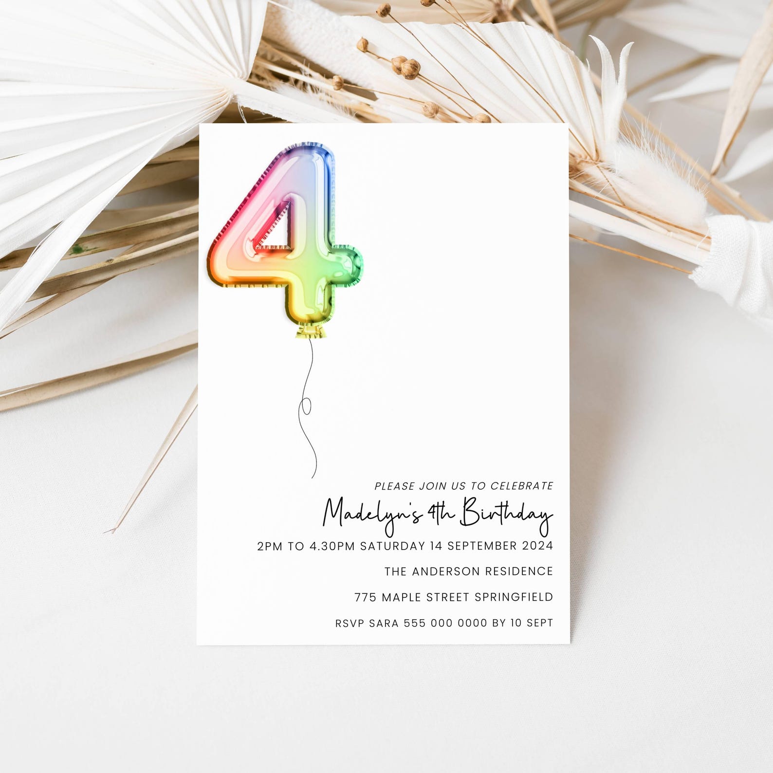 4th Birthday Invitation Girl, Editable Rainbow Birthday Invite for 4 ...