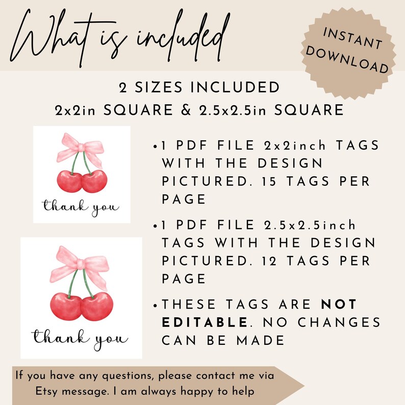 Cherry Gift Tag Instant Download Cherry Thank You Tag Printable, Girl ...