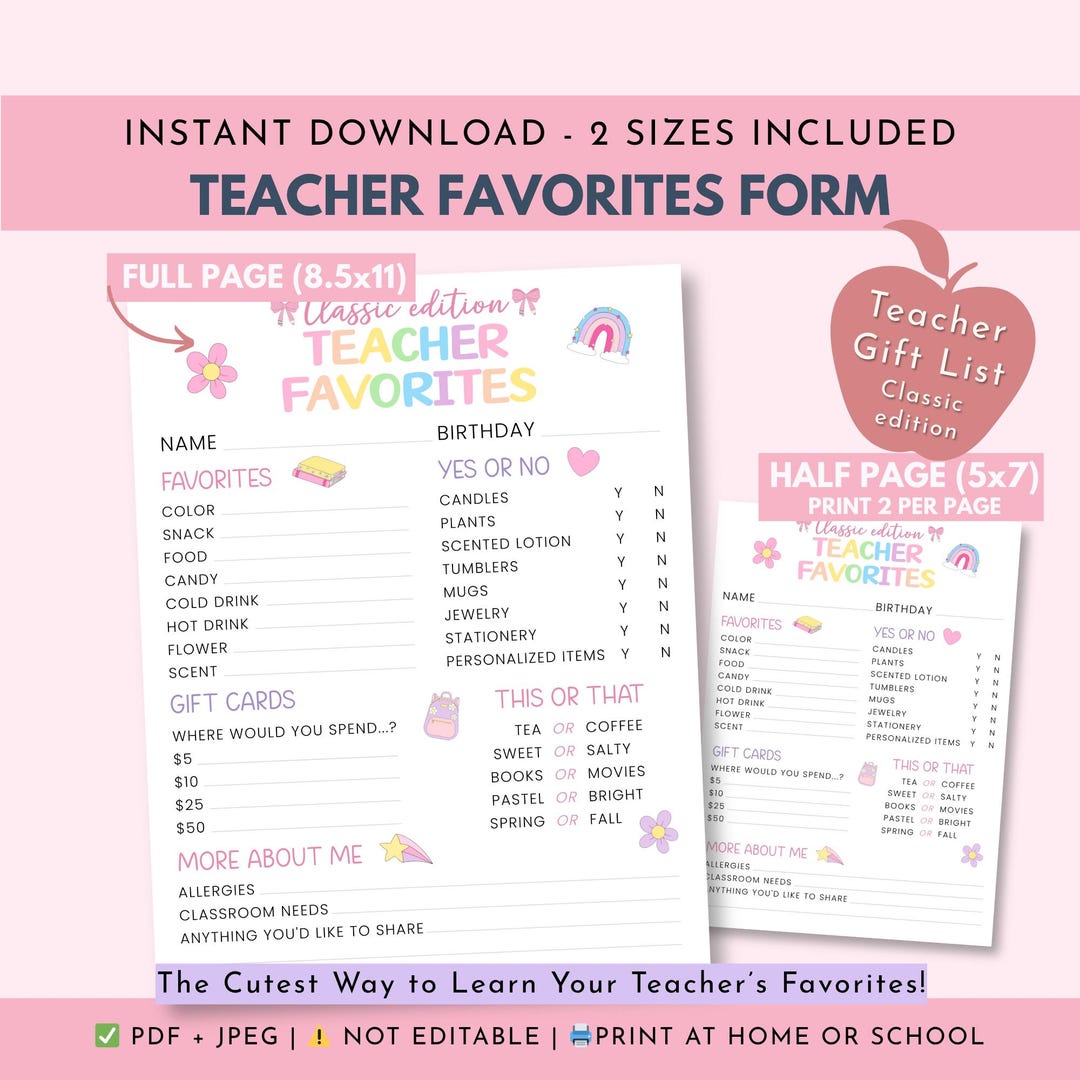 Teacher Favorite Things Form Pastel, Back to School Teacher Printable ...