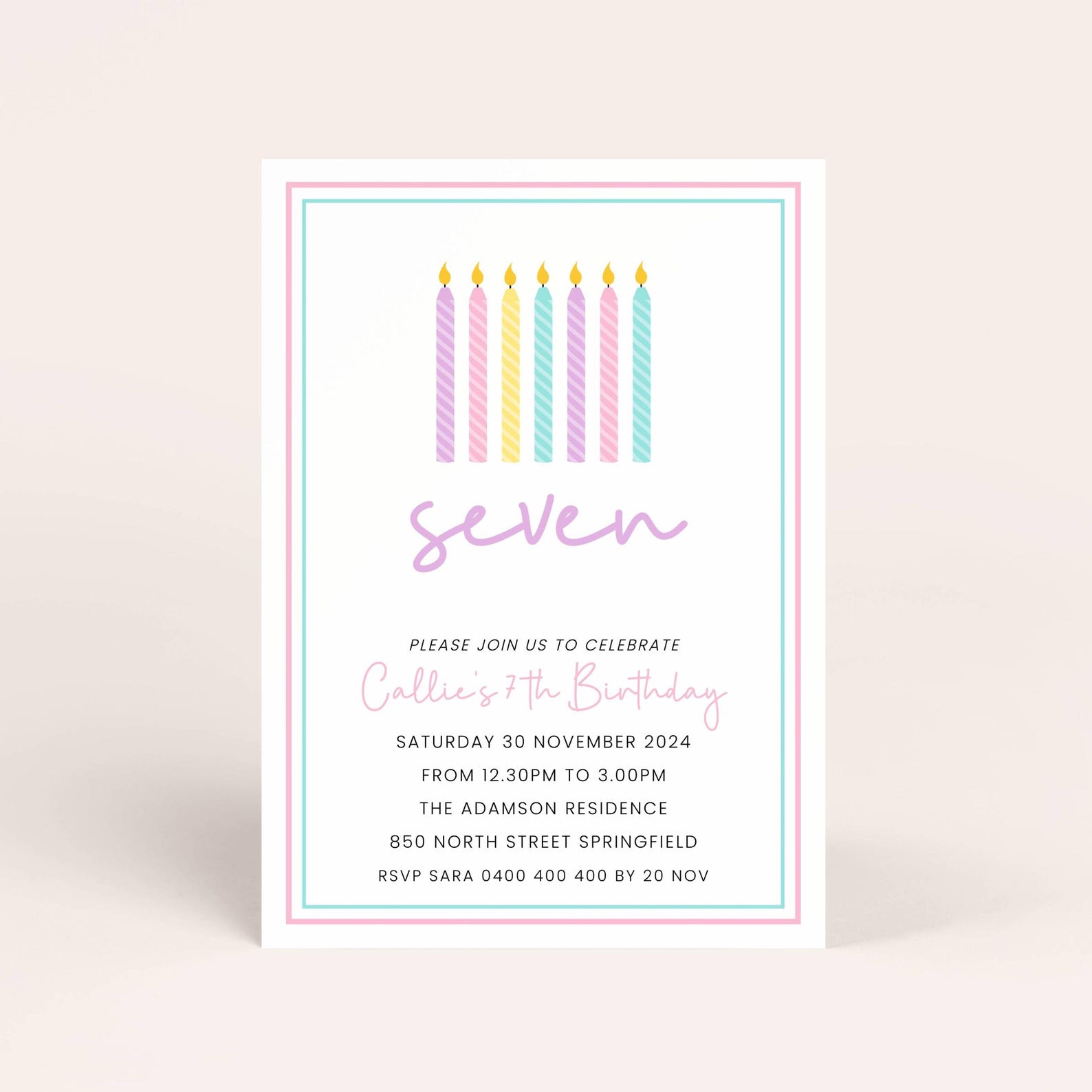 7th Birthday Invitation Girl, Editable Girl 7th Birthday Invite Pastel ...