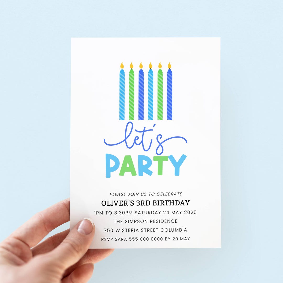 Boy Birthday Invitation Blue & Green, Editable Simple Birthday Invite ...