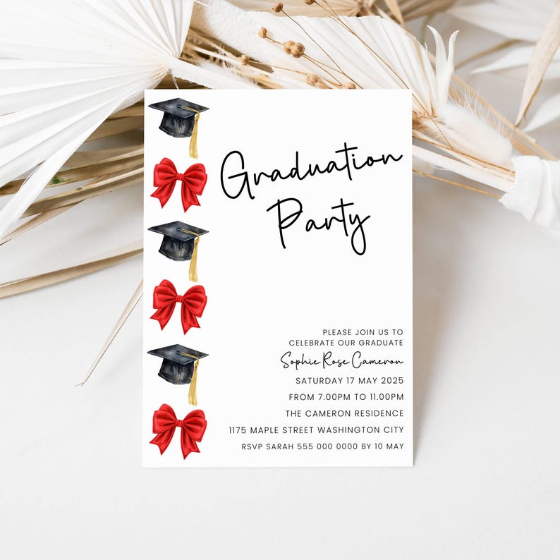 Graduation Invitation Red Bow, Editable Graduation Invite Template, Red ...
