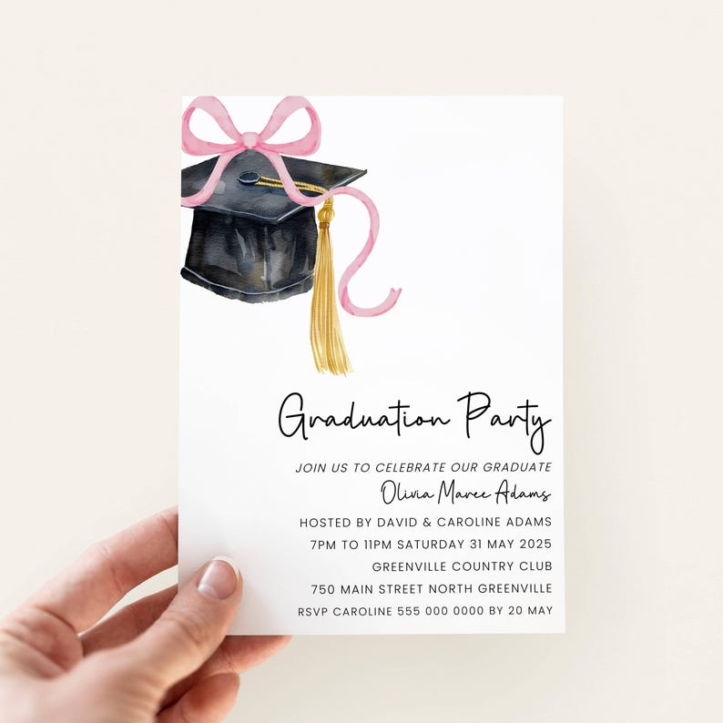 Graduation Party Invitation Pink Bow, Editable Graduation Invite ...