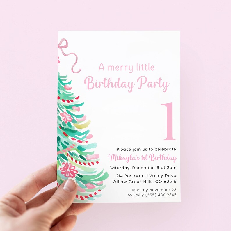 Christmas 1st Birthday Invitation Girl, Digital Pink Christmas First ...