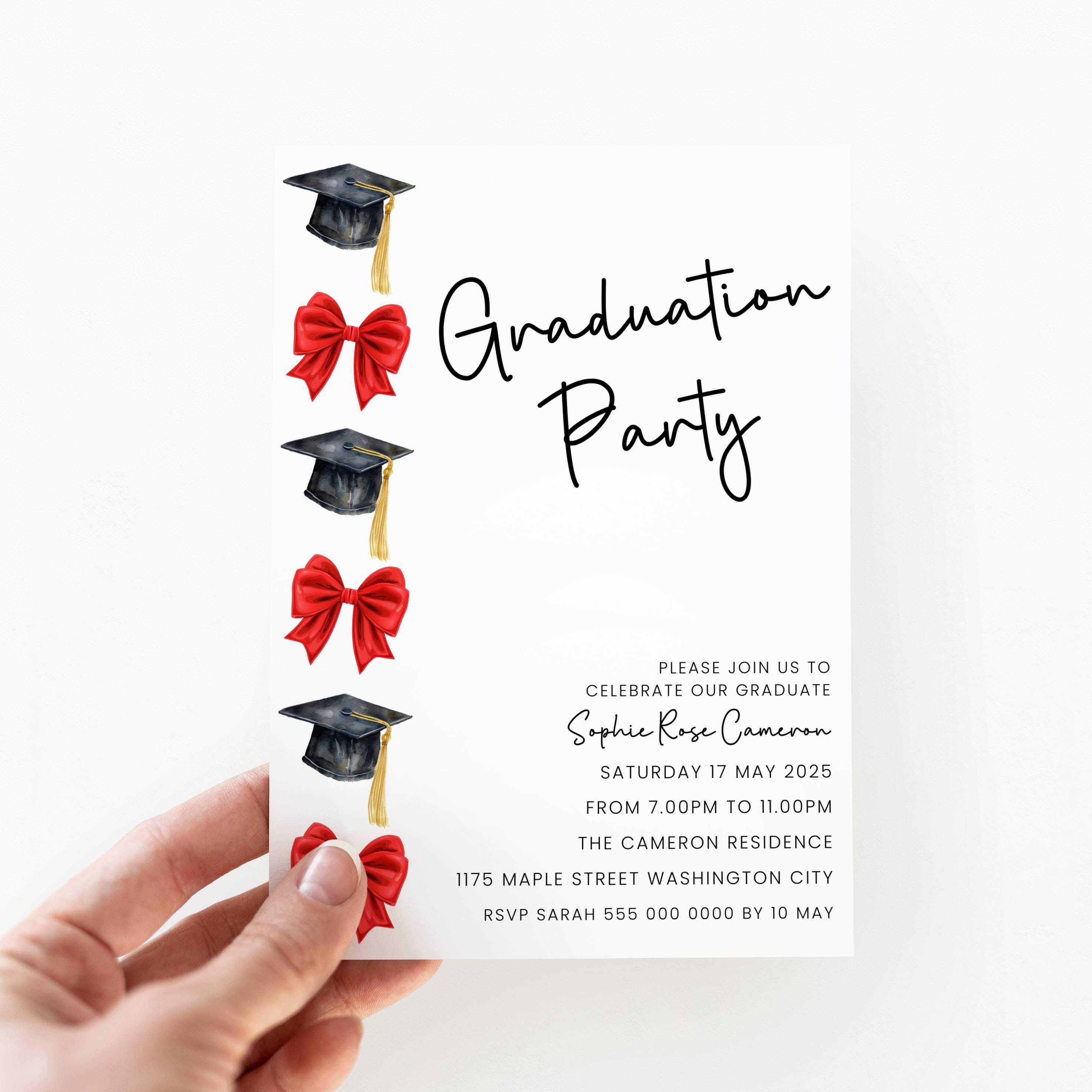 Graduation Invitation Red Bow, Editable Graduation Invite Template, Red ...