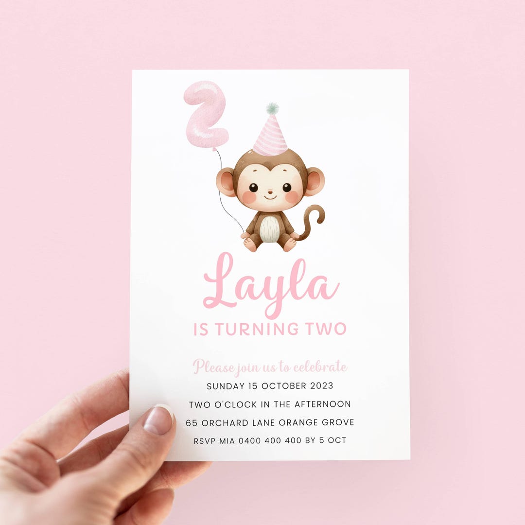Monkey 2nd Birthday Invitation for Girls Digital, Cheeky Monkey 2nd ...