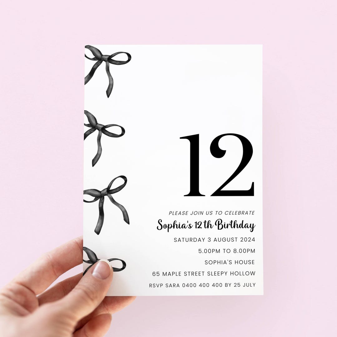 Black Bow 12th Birthday Invitation, Editable Birthday Invite Girl ...
