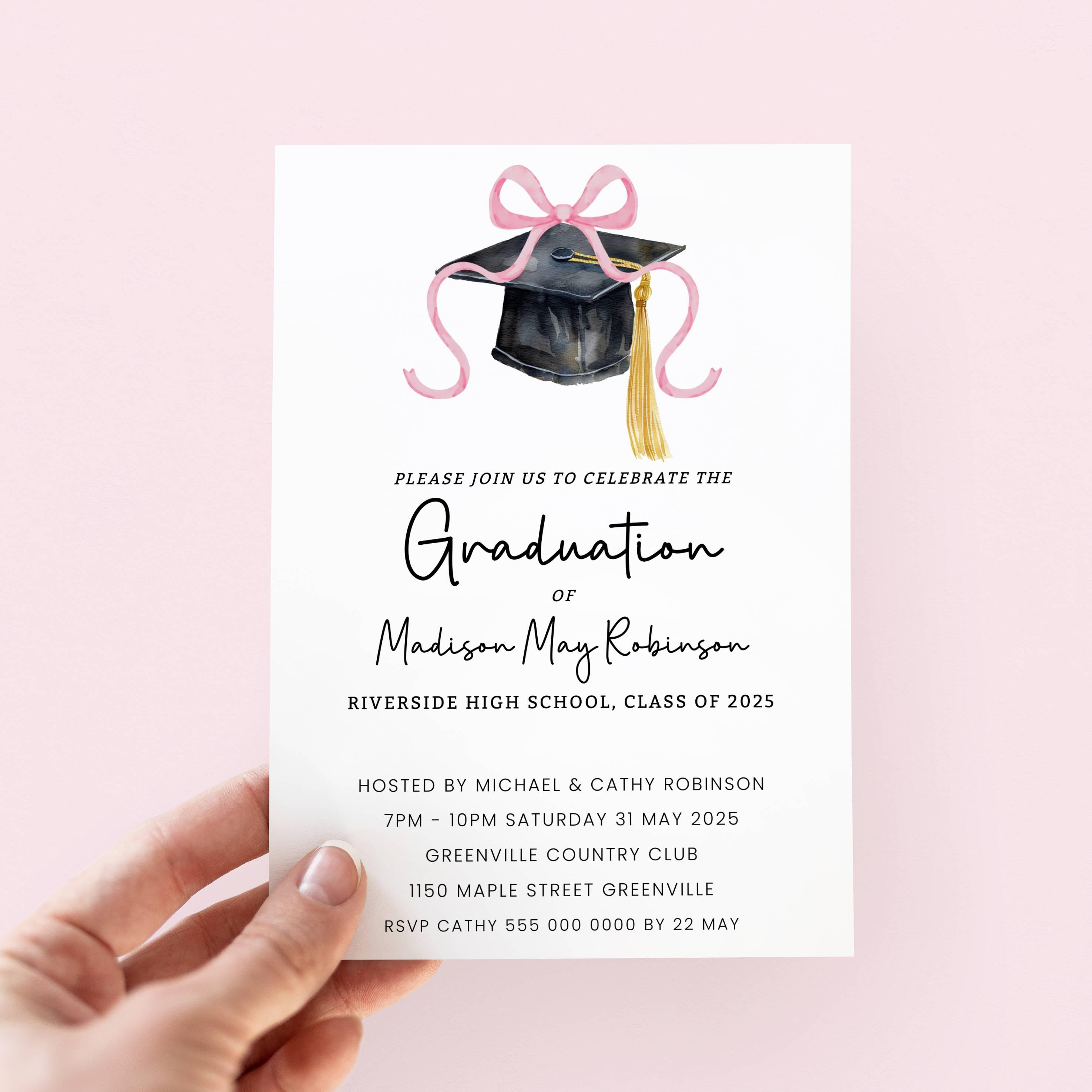 Graduation Party Invitation Pink Bow, Editable Graduation Invite ...