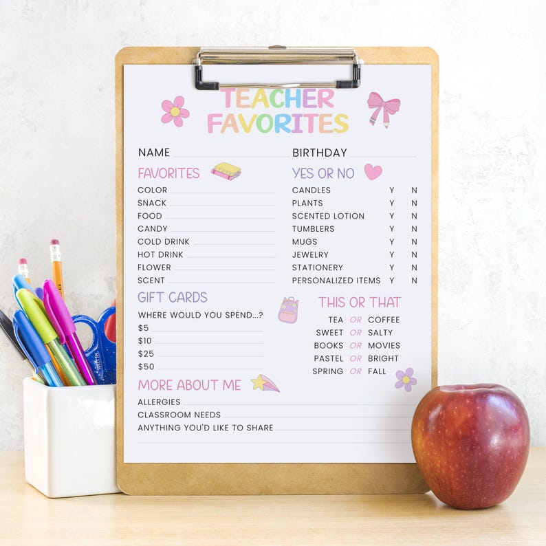 Teacher Favorite Things Form Pastel, All About My Teacher Printable ...