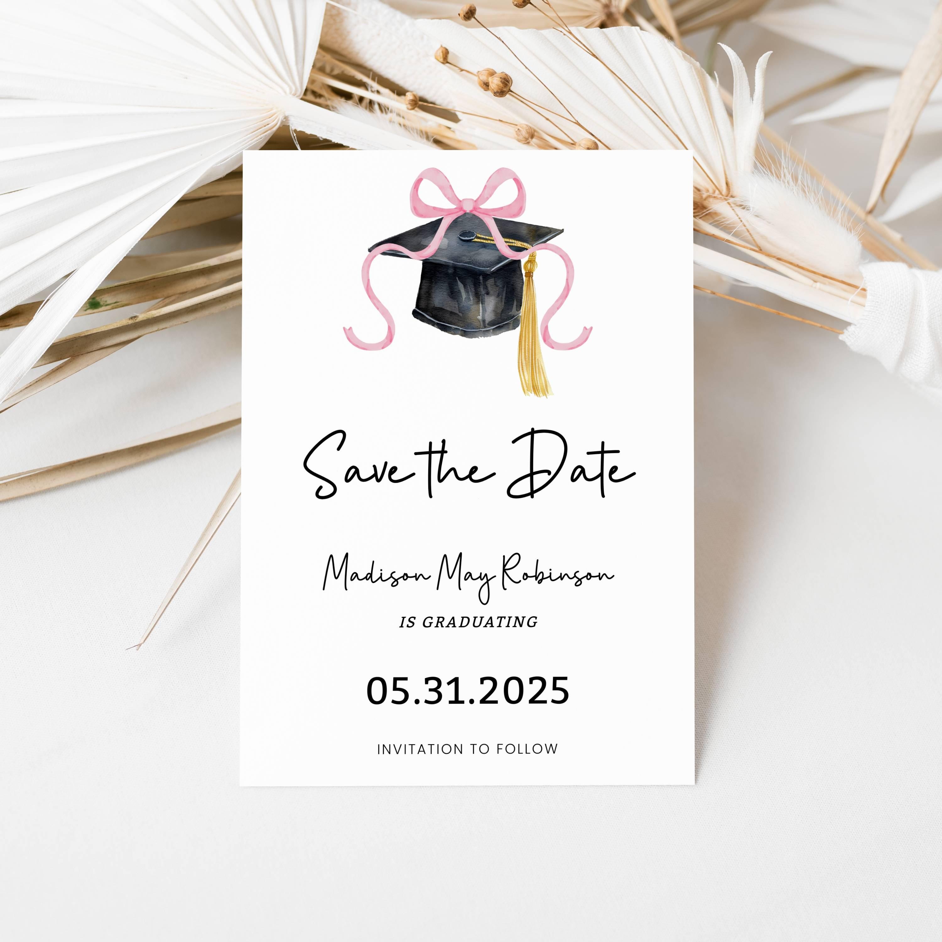 Save the Date Graduation Invitation Pink Bow, Editable Graduation Save ...