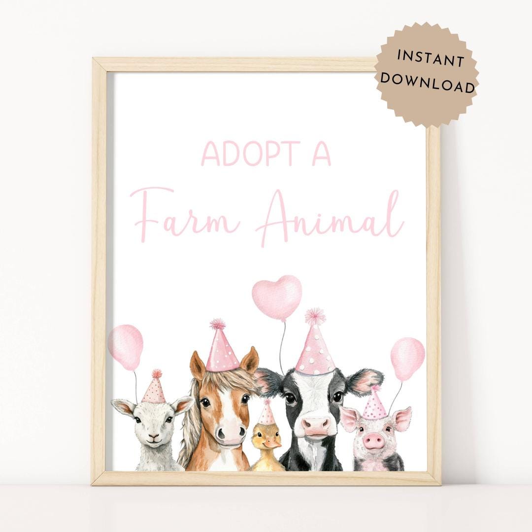 Adopt A Farm Animal Sign, Instant Download Pink Farm Party Favor Sign ...