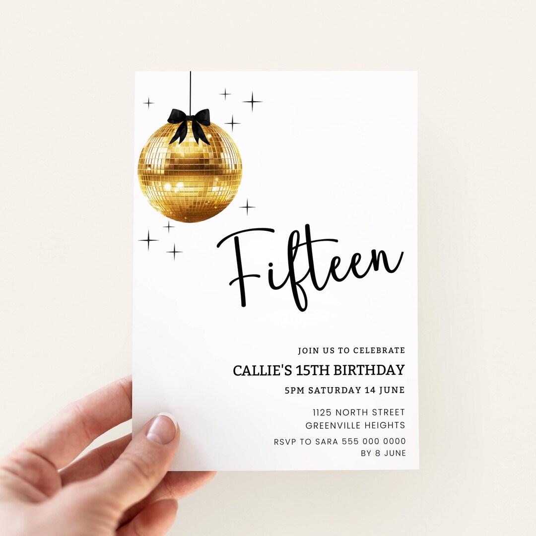 15th Birthday Invitation Girl, Editable Gold Disco Ball Birthday Invite ...