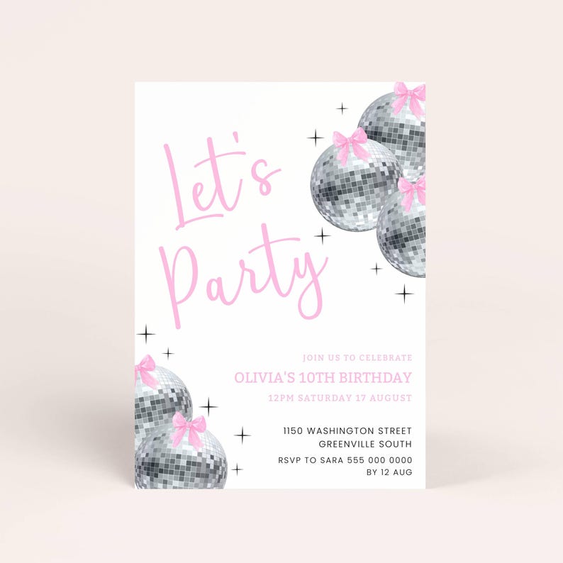 Disco Birthday Invitation Pink, Editable Pink Disco Birthday Invite ...