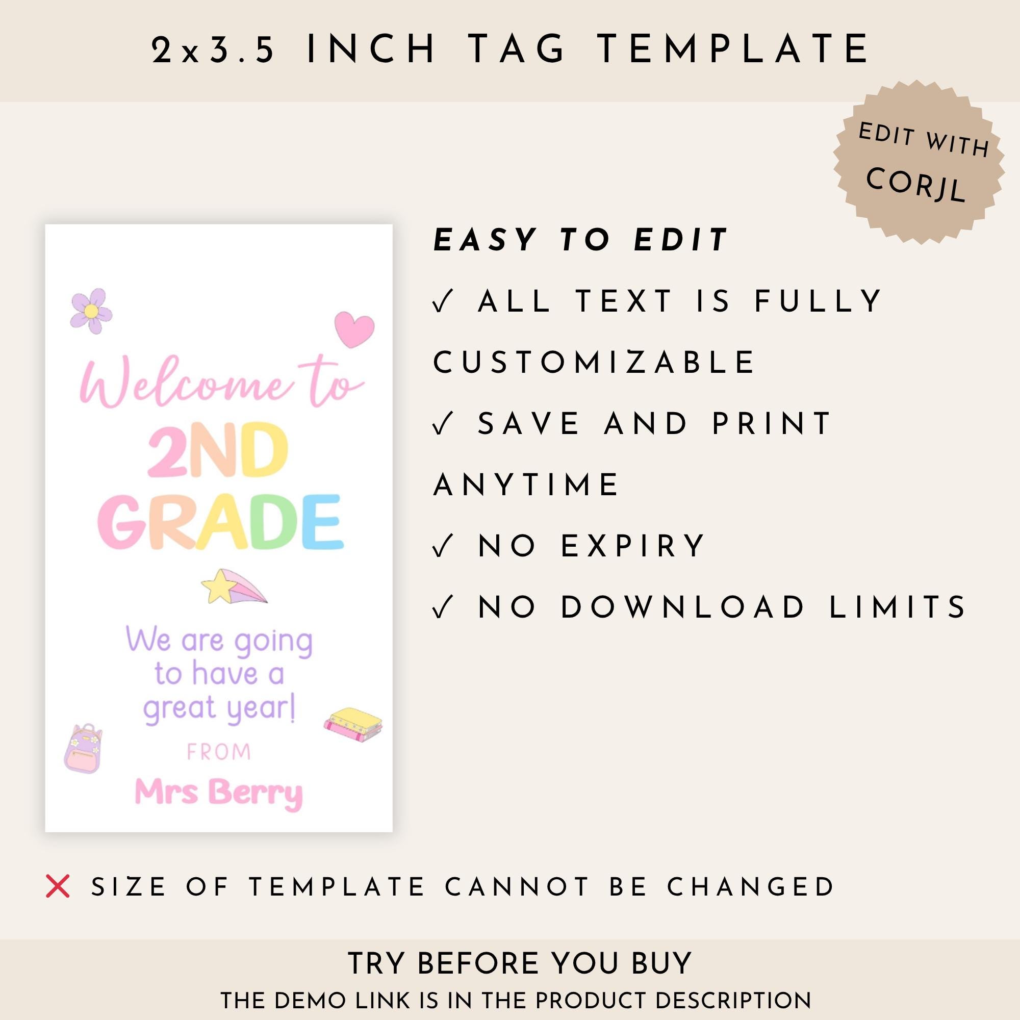 Welcome to 2nd Grade Tag Pastel, Editable Back to School Tag, Printable ...
